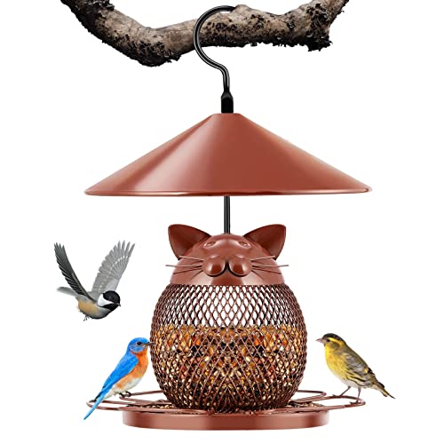 Bird Feeder, Metal Wild Bird Feeders with Baffle and Cute Cat Cover for Outside 2LB Seeds Bird Feeder Hanging Outdoor Easy Cleaning and Filling Best Decorations for Family