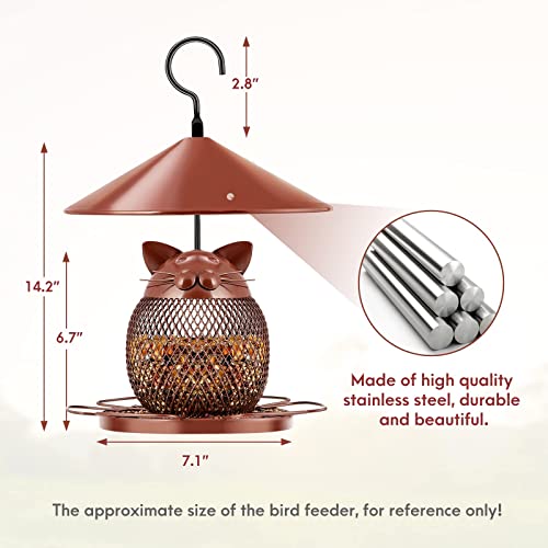 Bird Feeder, Metal Wild Bird Feeders with Baffle and Cute Cat Cover for Outside 2LB Seeds Bird Feeder Hanging Outdoor Easy Cleaning and Filling Best Decorations for Family