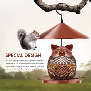 Bird Feeder, Metal Wild Bird Feeders with Baffle and Cute Cat Cover for Outside 2LB Seeds Bird Feeder Hanging Outdoor Easy Cleaning and Filling Best Decorations for Family