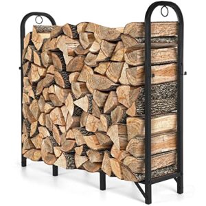 simniam 4ft firewood rack outdoor, indoor-outdoor universal wood rack for firewood, includes 2 sets of hooks for hanging items, for patio firewood storage, steel pipe wood rack tool accessories（black