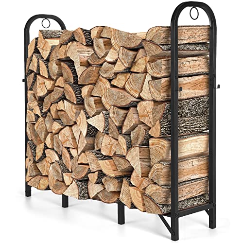 Simniam 4ft Firewood Rack Outdoor, Indoor-Outdoor Universal Wood Rack for Firewood, Includes 2 Sets of Hooks for Hanging Items, for Patio Firewood Storage, Steel Pipe Wood Rack Tool Accessories（Black