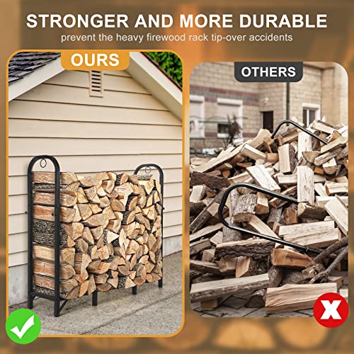 Simniam 4ft Firewood Rack Outdoor, Indoor-Outdoor Universal Wood Rack for Firewood, Includes 2 Sets of Hooks for Hanging Items, for Patio Firewood Storage, Steel Pipe Wood Rack Tool Accessories（Black