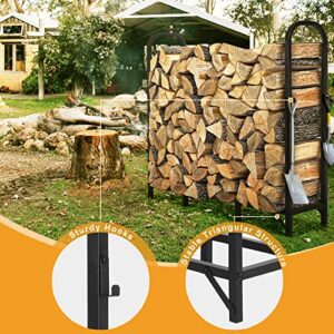 Simniam 4ft Firewood Rack Outdoor, Indoor-Outdoor Universal Wood Rack for Firewood, Includes 2 Sets of Hooks for Hanging Items, for Patio Firewood Storage, Steel Pipe Wood Rack Tool Accessories（Black