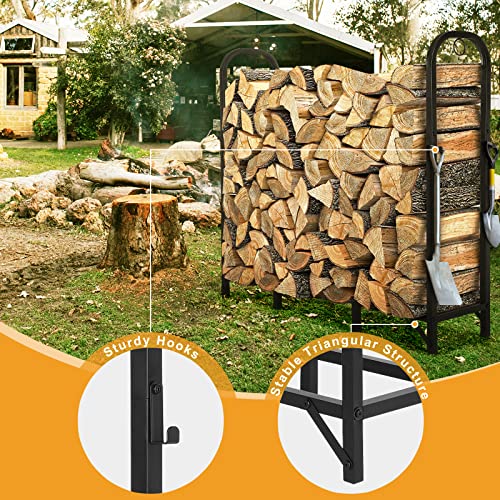 Simniam 4ft Firewood Rack Outdoor, Indoor-Outdoor Universal Wood Rack for Firewood, Includes 2 Sets of Hooks for Hanging Items, for Patio Firewood Storage, Steel Pipe Wood Rack Tool Accessories（Black