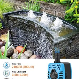 Kulife 210GPH Submersible Water Pumps (800L/H, 10W) Fountain Pump Pond Pump Aquarium Water Pump with Flow Control and Hose for Fish Tank, Fountain, Waterfall, Filtration, Water feature, Hydroponics