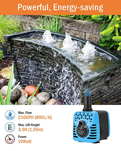 Kulife 210GPH Submersible Water Pumps (800L/H, 10W) Fountain Pump Pond Pump Aquarium Water Pump with Flow Control and Hose for Fish Tank, Fountain, Waterfall, Filtration, Water feature, Hydroponics