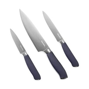 greenpan titanium 3-piece knife set, titanium coated, stainless steel, eco-friendly, ergonomic grip, slip resistant, balanced, heat treated, hand sharpened, dishwasher safe