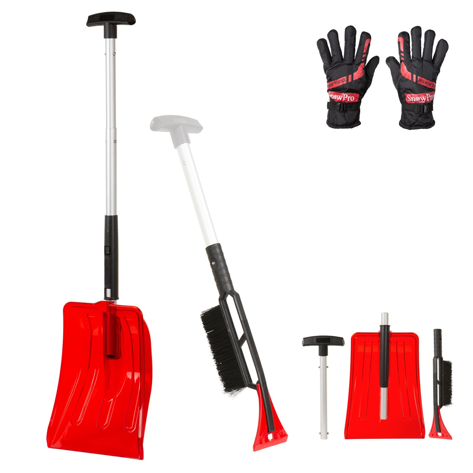 SnowPro 3-in-1 Snow Shovel for Car, Fast Folding and Telescoping Design for Emergency Snow Removal - Compact Snow Shovel with Gloves, Snow Brush & Ice Scraper - Collapsible and Portable Utility Shovel