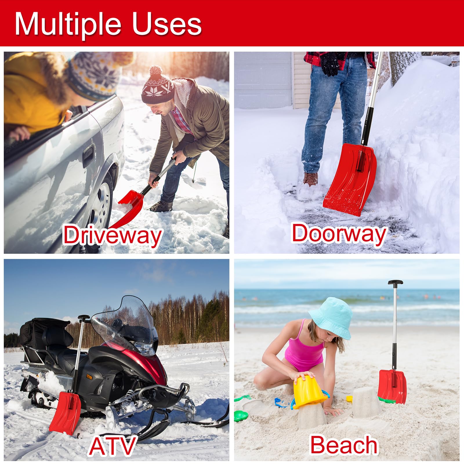 SnowPro 3-in-1 Snow Shovel for Car, Fast Folding and Telescoping Design for Emergency Snow Removal - Compact Snow Shovel with Gloves, Snow Brush & Ice Scraper - Collapsible and Portable Utility Shovel