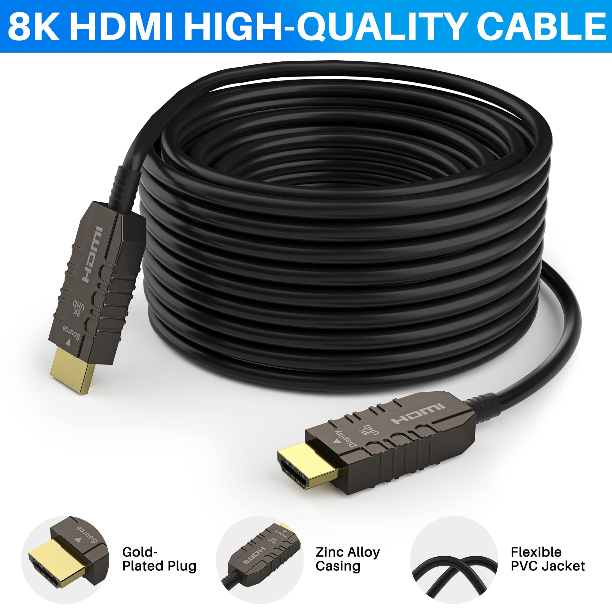 Certified 8K Fiber Optic HDMI Cable 35FT, Real HDMI 2.1 Cable, Ultra HD, 48Gbps, Supports 8K@60Hz, 4K@120Hz, 2K@144Hz, HDR, HDCP 2.2&2.3, Dolby, eARC for Xbox, Series X, Laptop, Switch, PS5, UHD TV