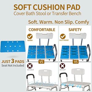 3 PCS Tub Transfer Bench Cushion with Adhesive Soft Waterproof Slip-Resistant Shower Chair Bath Shower Bench Mat, Shower Seat Pad with Holes, 15x7.6 in, Blue