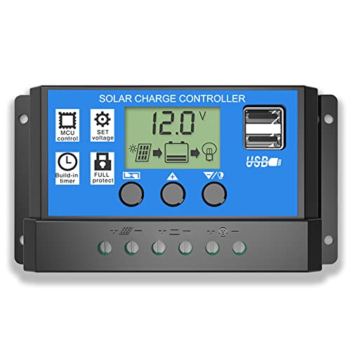 Solar Charge Controller, Lpluziyyds 20A Solar Panel Controller 12V/24V PWM Auto Parameter Adjustable LCD Display Solar Panel Battery Regulator with Dual USB Port