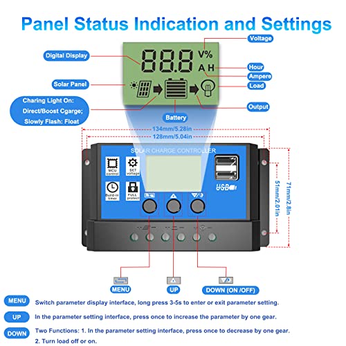 Solar Charge Controller, Lpluziyyds 20A Solar Panel Controller 12V/24V PWM Auto Parameter Adjustable LCD Display Solar Panel Battery Regulator with Dual USB Port