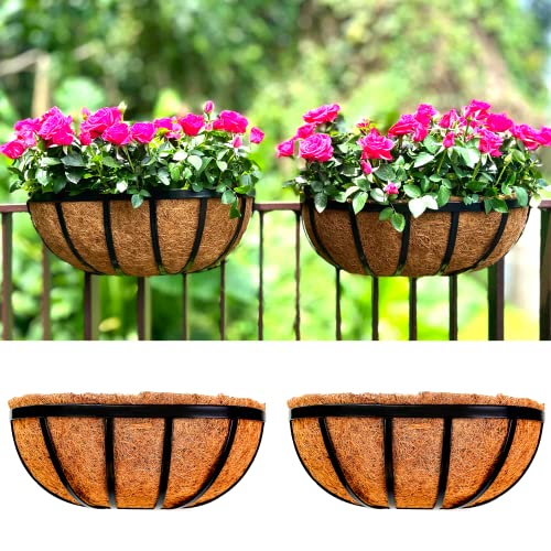 LaLaGreen Wall Planters for Outdoor Plant (2 Pack, 16 Inch) Deck Railing Planter Boxes for Outside Plants, Window Flower Box with Coco Liners Metal Horse Troughs Fence Balcony Garden Herb Patio Porch