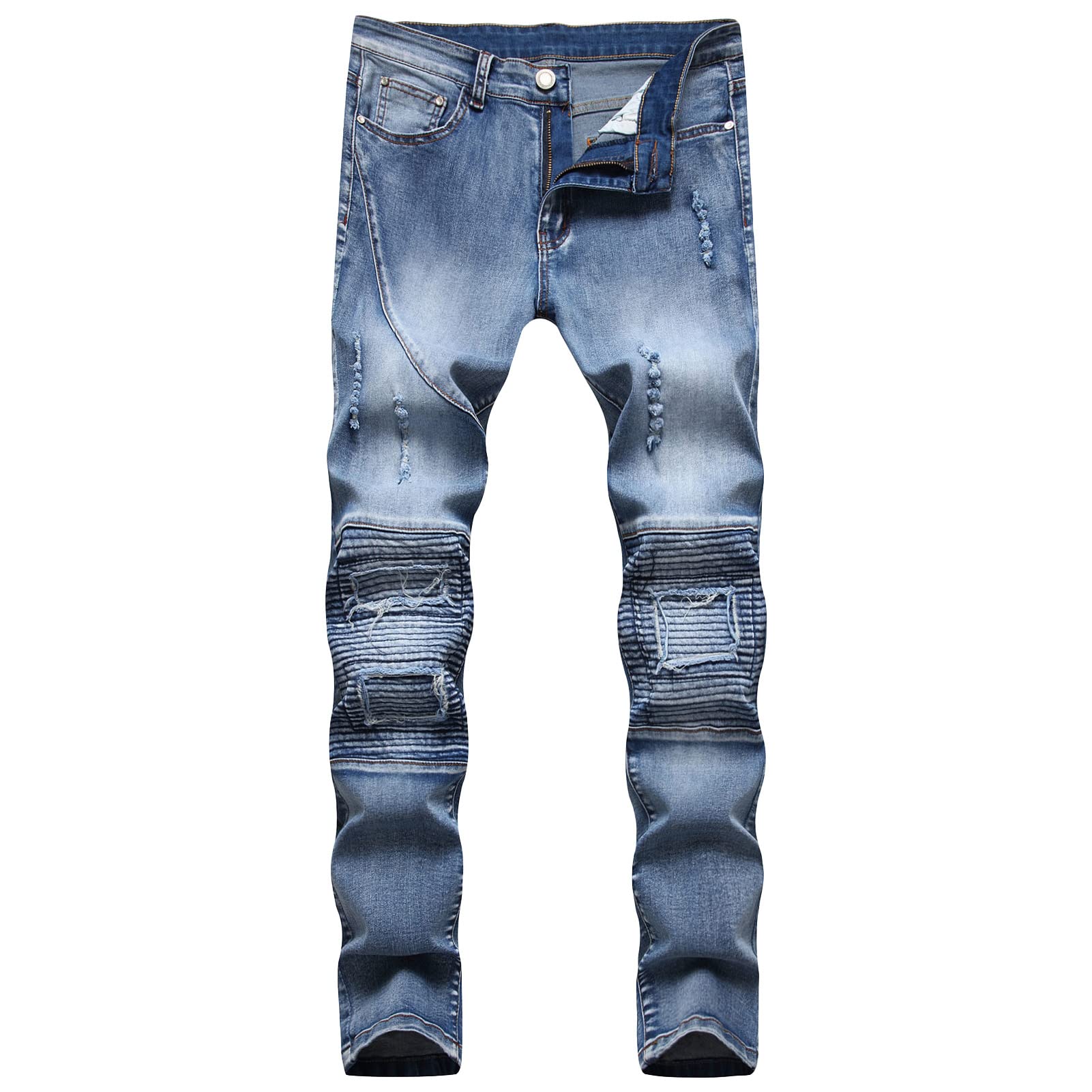 Mens Distressed Skinny Biker Jeans Straight Ripped Hip Hop Moto Denim Pants Classic Slim Fit Holes Stretchy Jean (Blue,38)