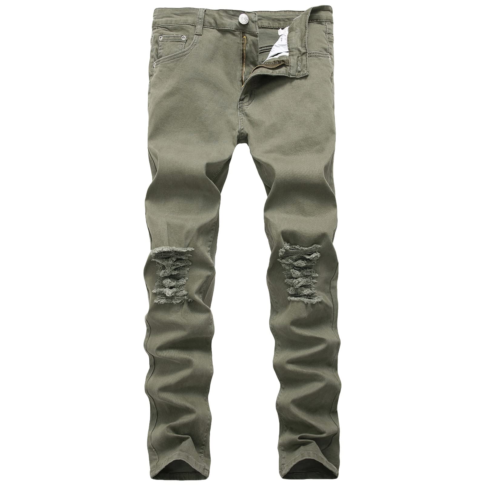 Men's Ripped Slim Tapered Leg Jeans Knee Holes Hip Hop Denim Pencil Pants Skinny Destroyed Stretch Jean Trousers (ArmyGreen,35)