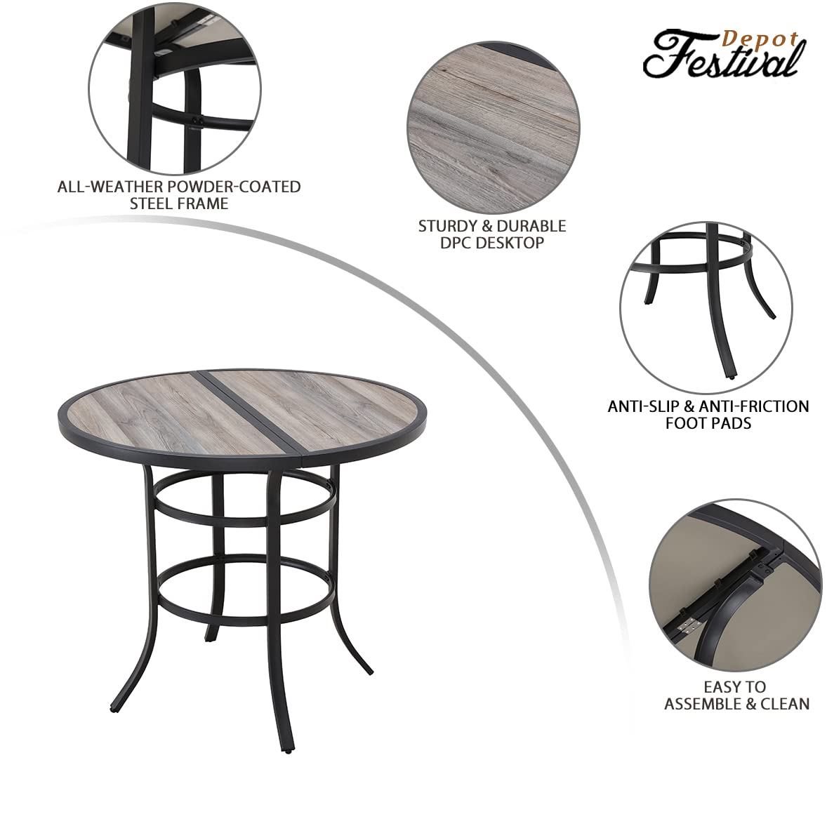 Festival Depot Patio Bar Height Table, Outdoor Bistro 45.3' Round Side Dining Coffee All Weather Furniture with DPC Desktop Metal Legs and Adjustable Feet for Garden Poolside Deck, Grey, (B-PF19252)