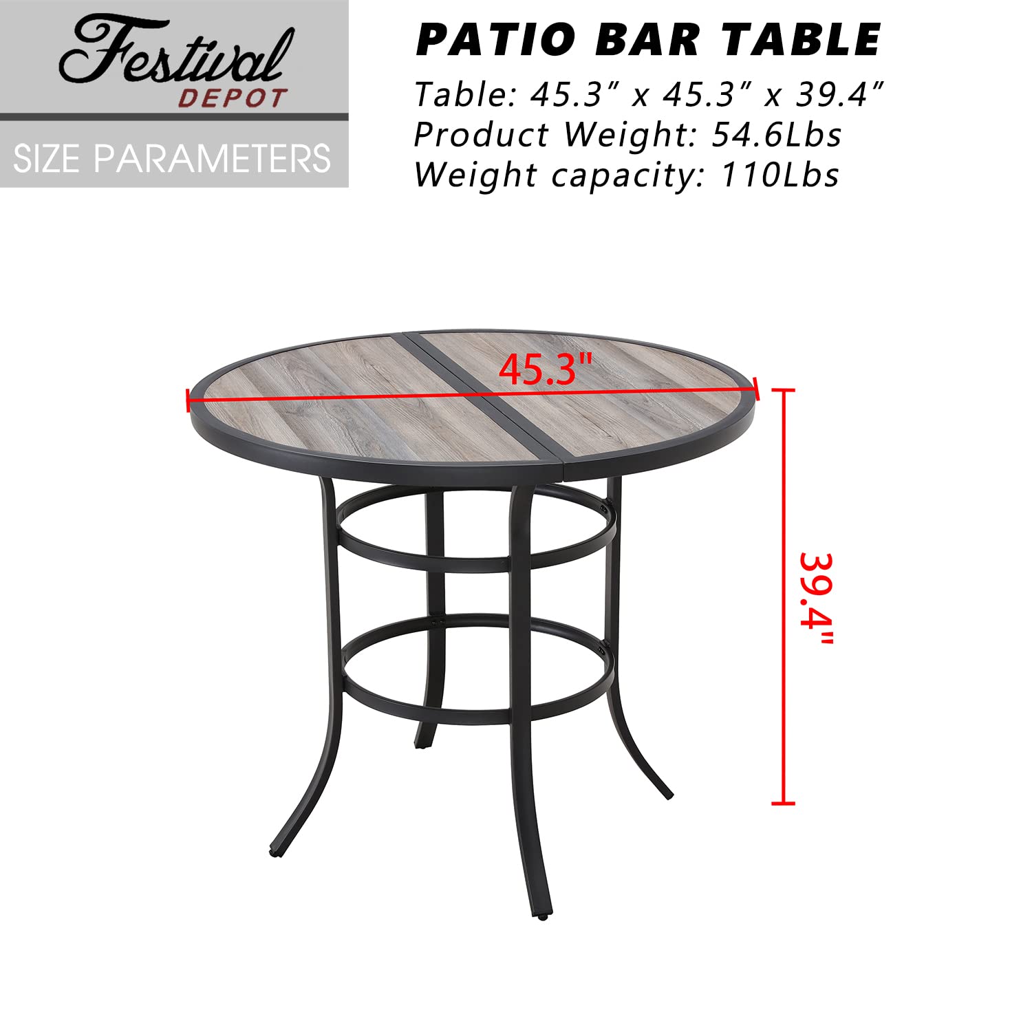 Festival Depot Patio Bar Height Table, Outdoor Bistro 45.3' Round Side Dining Coffee All Weather Furniture with DPC Desktop Metal Legs and Adjustable Feet for Garden Poolside Deck, Grey, (B-PF19252)