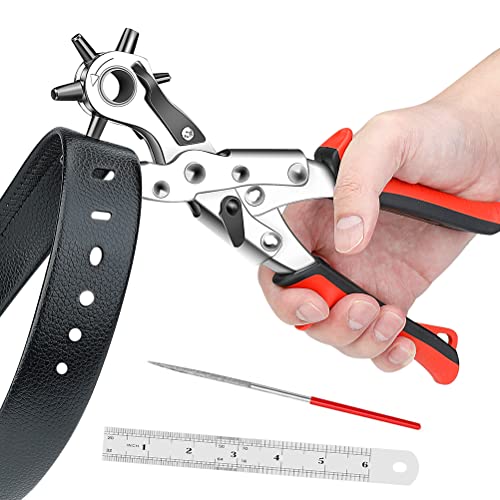 AIRAJ Pro Belt Hole Puncher for Leather,6 Multi-Hole Sizes Revolving Punch Plier Kit for Watch Bands, Straps, Dog Collars, Saddles, Shoes, Fabric, DIY Home or Craft Projects, Heavy Duty Rotary Puncher