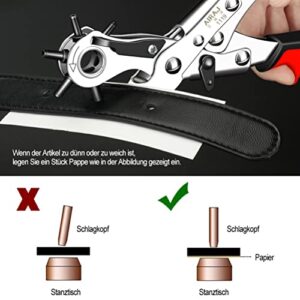 AIRAJ Pro Belt Hole Puncher for Leather,6 Multi-Hole Sizes Revolving Punch Plier Kit for Watch Bands, Straps, Dog Collars, Saddles, Shoes, Fabric, DIY Home or Craft Projects, Heavy Duty Rotary Puncher