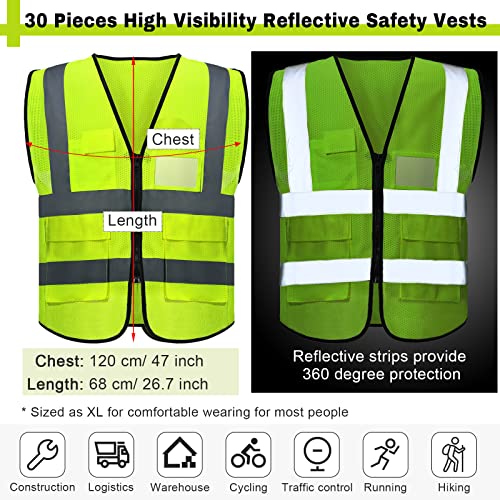 30 Pack High Visibility Safety Vests with Pockets and Zipper Mesh Reflective Construction Vest for Men Women, Breathable Neon Working Vest for Traffic Work Outdoor Running Cycling at Night