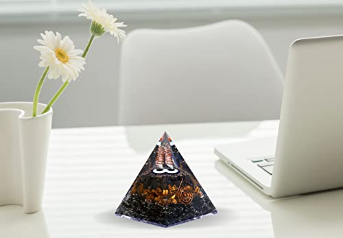 Organite Orgone Pyramid Extra Large 95 MM - Orgone Energy Pyramid with Evil Eye, Hematite, Tiger Eye, Black Obsidian Crystals and Healing Stone - Orgonite Pyramids Crystals and Positive Energy