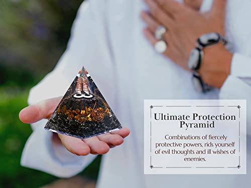 Organite Orgone Pyramid Extra Large 95 MM - Orgone Energy Pyramid with Evil Eye, Hematite, Tiger Eye, Black Obsidian Crystals and Healing Stone - Orgonite Pyramids Crystals and Positive Energy