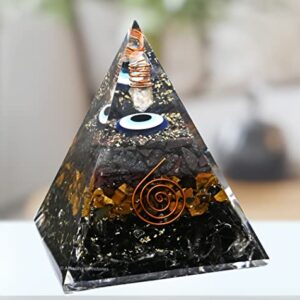 Organite Orgone Pyramid Extra Large 95 MM - Orgone Energy Pyramid with Evil Eye, Hematite, Tiger Eye, Black Obsidian Crystals and Healing Stone - Orgonite Pyramids Crystals and Positive Energy