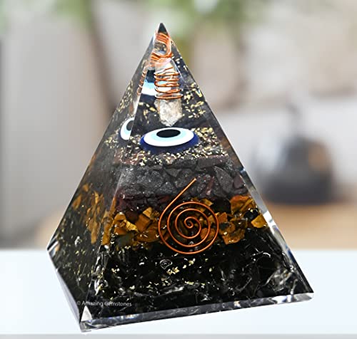 Organite Orgone Pyramid Extra Large 95 MM - Orgone Energy Pyramid with Evil Eye, Hematite, Tiger Eye, Black Obsidian Crystals and Healing Stone - Orgonite Pyramids Crystals and Positive Energy