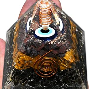 Organite Orgone Pyramid Extra Large 95 MM - Orgone Energy Pyramid with Evil Eye, Hematite, Tiger Eye, Black Obsidian Crystals and Healing Stone - Orgonite Pyramids Crystals and Positive Energy