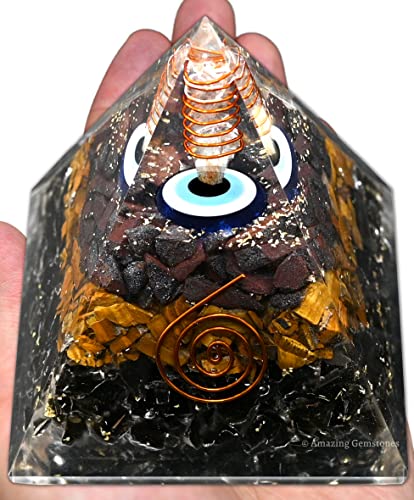 Organite Orgone Pyramid Extra Large 95 MM - Orgone Energy Pyramid with Evil Eye, Hematite, Tiger Eye, Black Obsidian Crystals and Healing Stone - Orgonite Pyramids Crystals and Positive Energy