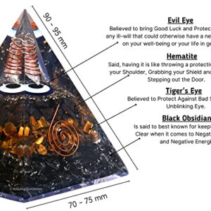 Organite Orgone Pyramid Extra Large 95 MM - Orgone Energy Pyramid with Evil Eye, Hematite, Tiger Eye, Black Obsidian Crystals and Healing Stone - Orgonite Pyramids Crystals and Positive Energy