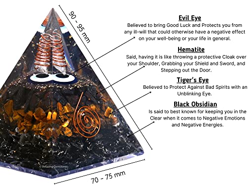 Organite Orgone Pyramid Extra Large 95 MM - Orgone Energy Pyramid with Evil Eye, Hematite, Tiger Eye, Black Obsidian Crystals and Healing Stone - Orgonite Pyramids Crystals and Positive Energy