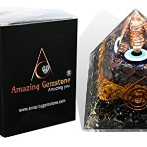 Organite Orgone Pyramid Extra Large 95 MM - Orgone Energy Pyramid with Evil Eye, Hematite, Tiger Eye, Black Obsidian Crystals and Healing Stone - Orgonite Pyramids Crystals and Positive Energy