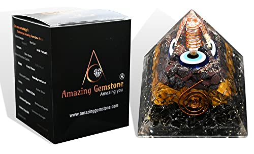 Organite Orgone Pyramid Extra Large 95 MM - Orgone Energy Pyramid with Evil Eye, Hematite, Tiger Eye, Black Obsidian Crystals and Healing Stone - Orgonite Pyramids Crystals and Positive Energy