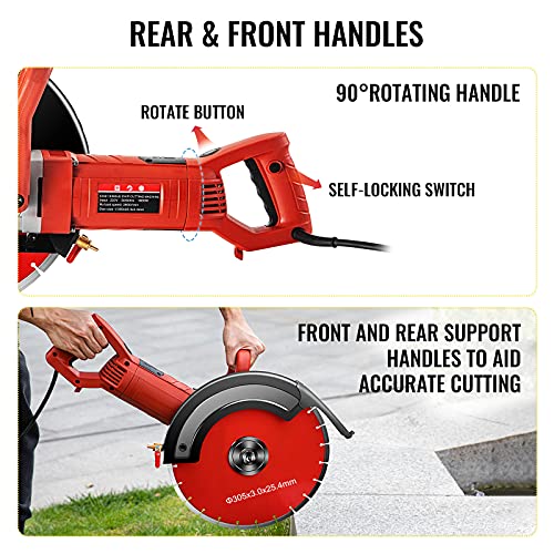 VEVOR 12" Electric Concrete Saw, 1800W Concrete Cutter 15Amp Cut-off Saw, Wet/Dry Corded Circular Saw with 12" Blade and Attachments, 4" Cut Depth Masonry Saw for Granite, Brick, Porcelain