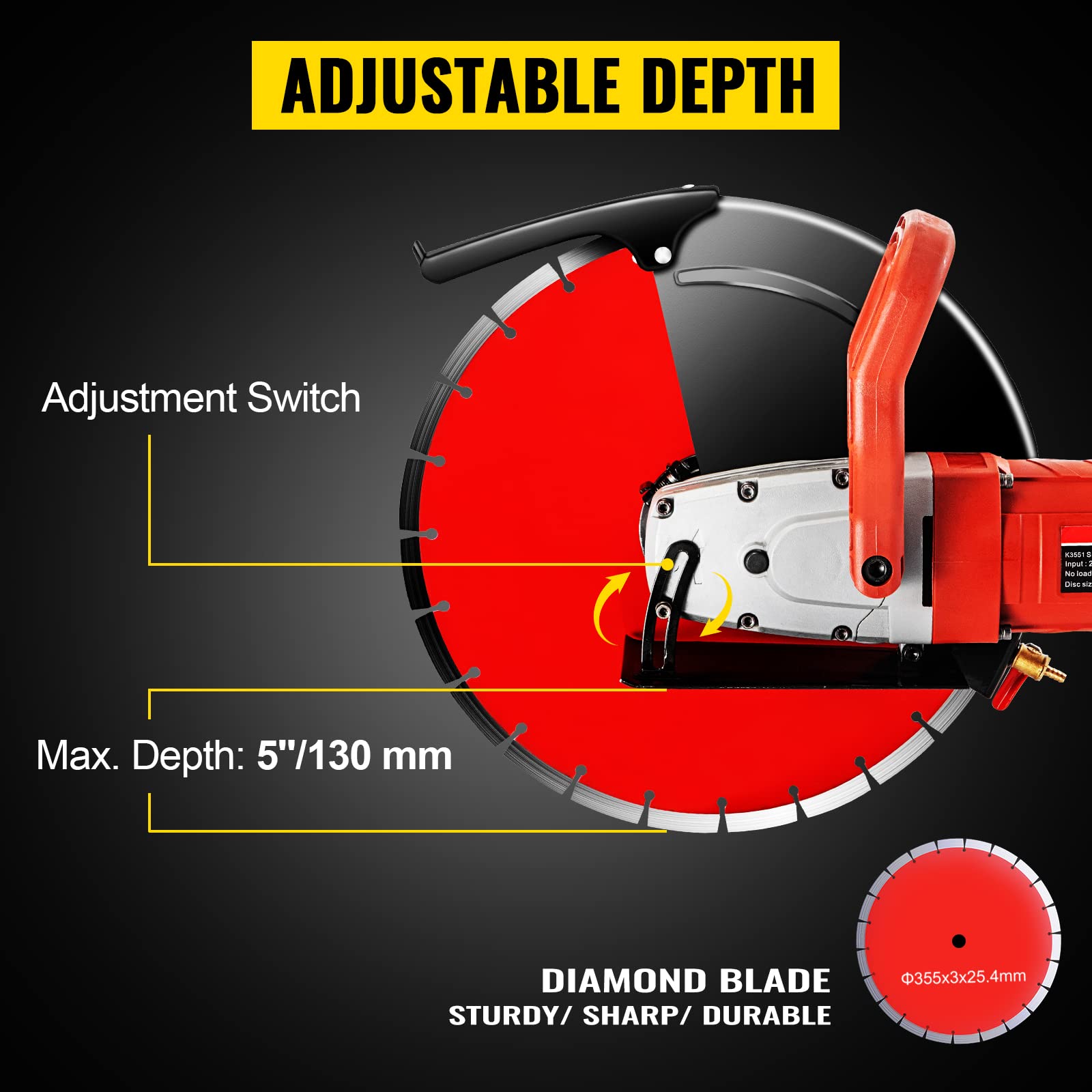 VEVOR 14" Electric Concrete Saw, 1800W Concrete Cutter 15Amp Cut-off Saw, Wet/Dry Corded Circular Saw with 14" Blade and Attachments, 5" Cut Depth Masonry Saw for Granite, Brick, Porcelain