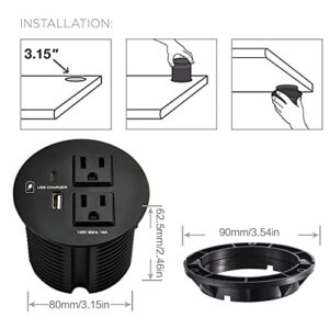 Black Tabletop Power Grommet with 2 AC Power Outlets + 1 USB-A Charger + 1 USB-C Charger and 10 FT Power Cord