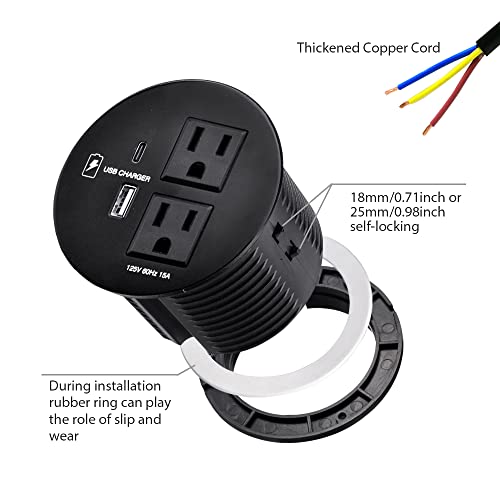 Black Tabletop Power Grommet with 2 AC Power Outlets + 1 USB-A Charger + 1 USB-C Charger and 10 FT Power Cord