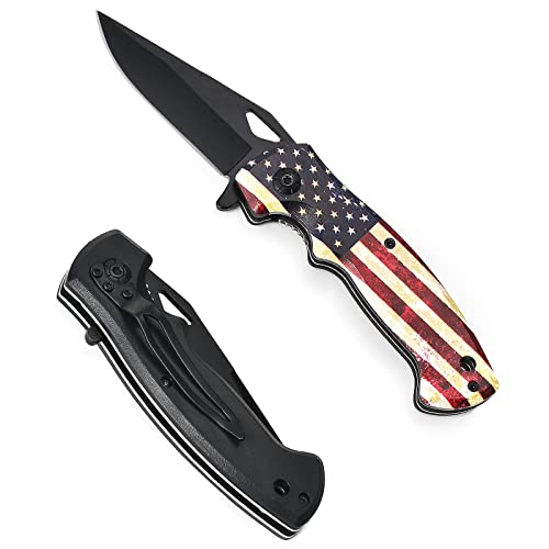 Viwki Pocket Folding Knife with 3.34" Blade for Hunting Outdoor Tactical Survival and EDC,Handle w/Embossed Flag, Liner Lock, Flipper Open,Deep Carry Pocketclip