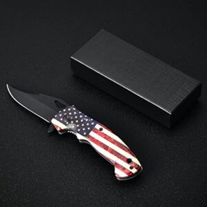 Viwki Pocket Folding Knife with 3.34" Blade for Hunting Outdoor Tactical Survival and EDC,Handle w/Embossed Flag, Liner Lock, Flipper Open,Deep Carry Pocketclip