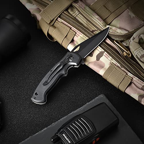 Viwki Pocket Folding Knife with 3.34" Blade for Hunting Outdoor Tactical Survival and EDC,Handle w/Embossed Flag, Liner Lock, Flipper Open,Deep Carry Pocketclip