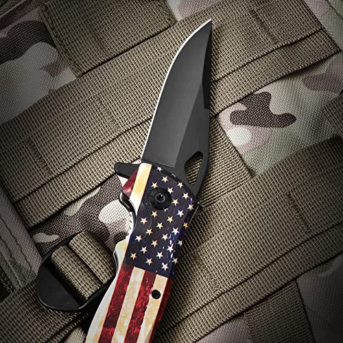 Viwki Pocket Folding Knife with 3.34" Blade for Hunting Outdoor Tactical Survival and EDC,Handle w/Embossed Flag, Liner Lock, Flipper Open,Deep Carry Pocketclip