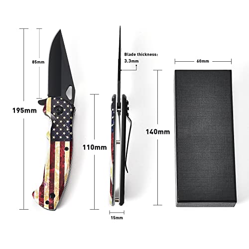 Viwki Pocket Folding Knife with 3.34" Blade for Hunting Outdoor Tactical Survival and EDC,Handle w/Embossed Flag, Liner Lock, Flipper Open,Deep Carry Pocketclip