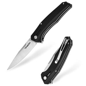 viwki pocket folding knife, 3.54" inch 8cr14mov stainless steel blade with g10 handle and button lock for outdoor tactical survival hunting and edc 3.7 oz