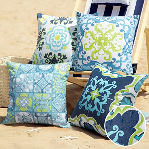 Phantoscope Set of 4 Outdoor Waterproof Throw Pillow Covers,Geometric, Decorative Boho Farmhouse Outdoor Pillows Cushion Case for Home Patio Furnitures Tent Sunbrella, Blue and Green 18x18 Inches