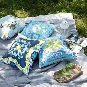 Phantoscope Set of 4 Outdoor Waterproof Throw Pillow Covers,Geometric, Decorative Boho Farmhouse Outdoor Pillows Cushion Case for Home Patio Furnitures Tent Sunbrella, Blue and Green 18x18 Inches