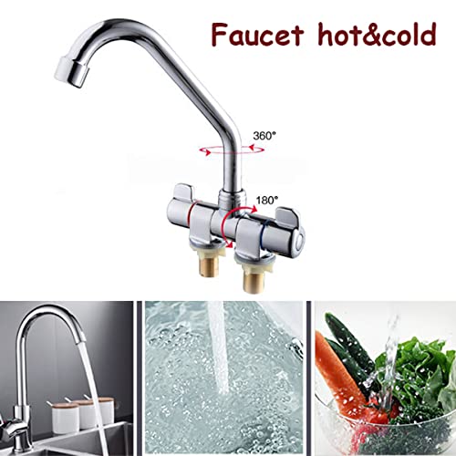 Camper Faucet Folding Faucet RV Water Tap Cold and Hot Water 360 Degree High-end Kitchen Sink Faucet Gooseneck Spout Dual Knob Handles Brass Constructed & Chrome Polished