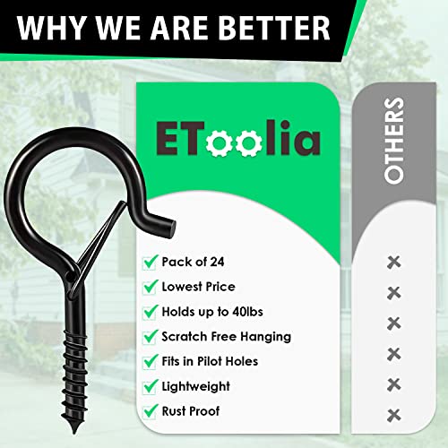 Etoolia 24 Pcs Q Hooks for Outdoor String Lights with Safety Buckle, Christmas Light Hooks and Ceiling Hooks for Hanging Plants, Screw Hooks for Hanging Wind Chimes, Patio Lights & Party Decors