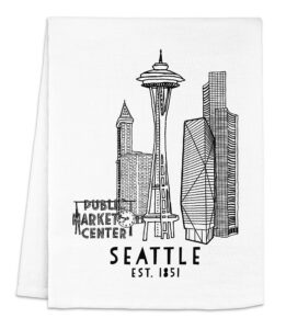 original dish towel, seattle skyline flour sack kitchen towel, sweet housewarming gift, farmhouse kitchen decor, white or gray (white)